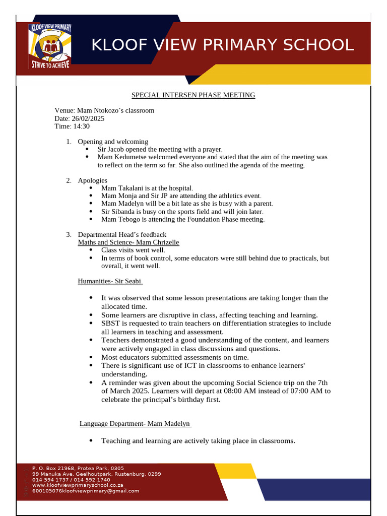Kloofview Primary Intersen Phase Meeting | PDF | Teachers | Learning