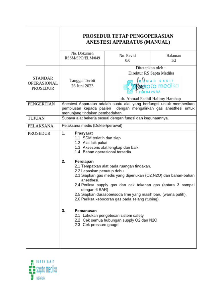 Daftar Serta SPO Pengoperasian Alat Medis RS Sapta Medika Fix | PDF