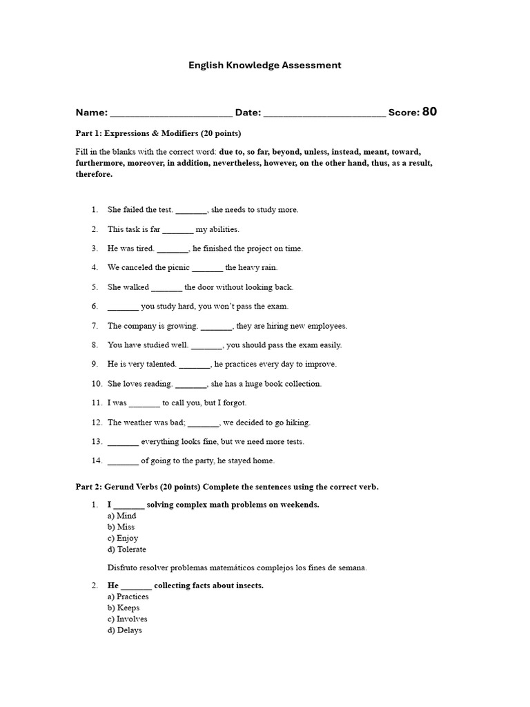 English Knowledge Assessment Test | PDF | Linguistics