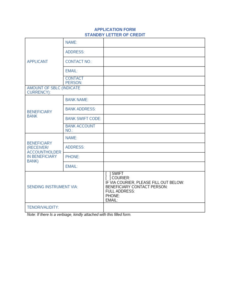 SBLC Application Form - Yield Group | PDF