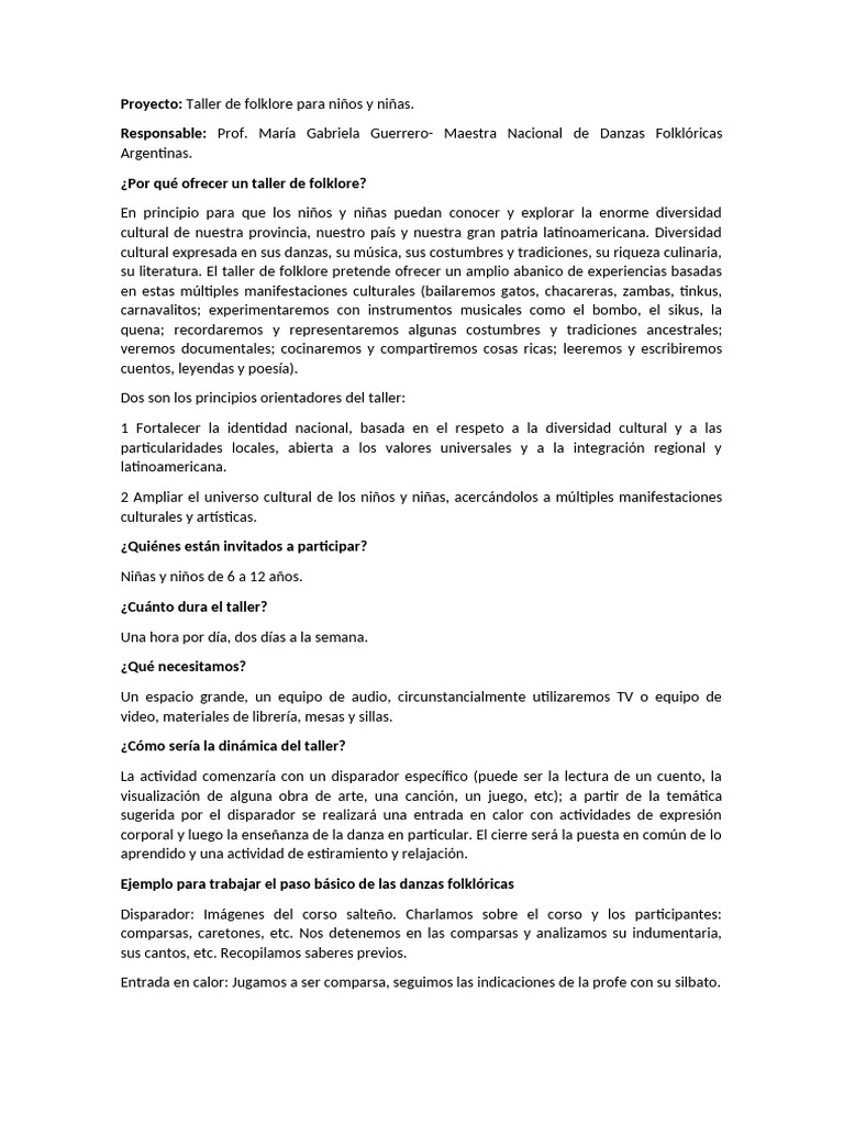 Proyecto Taller de foklore | PDF | Folklore | Bailes