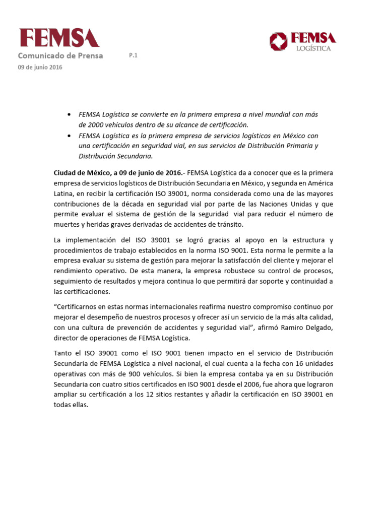 FEMSA Logistica ISO 39001 | PDF | Logística | Economias
