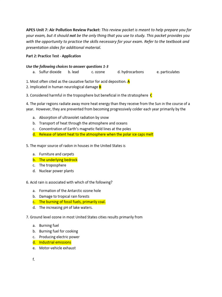 APES Unit 7 Review Sheet-Key | PDF | Atmosphere Of Earth | Ozone