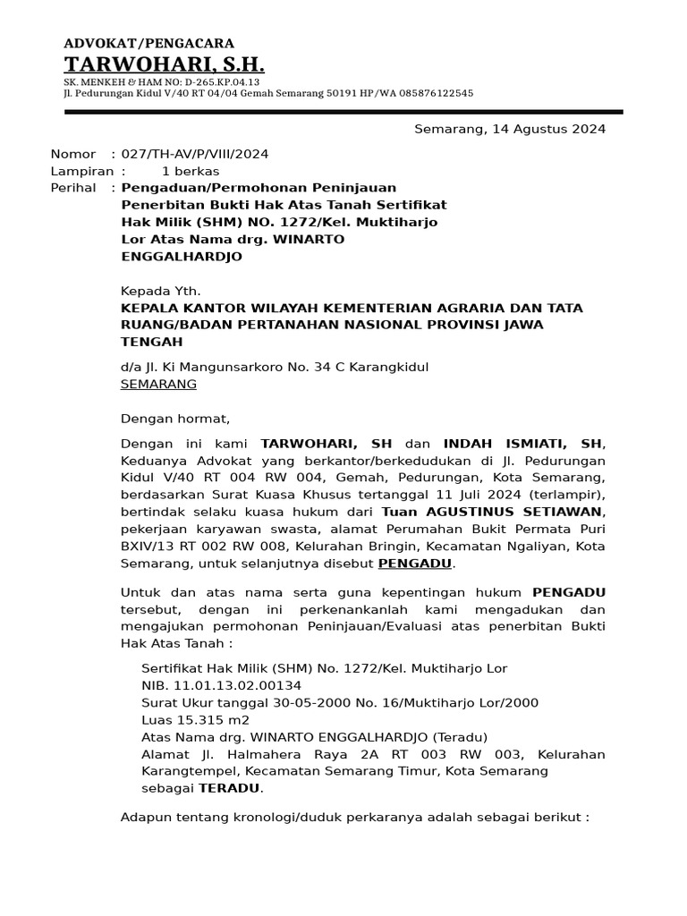 Draft Pengaduan Agustinus Setiawan_BPN | PDF
