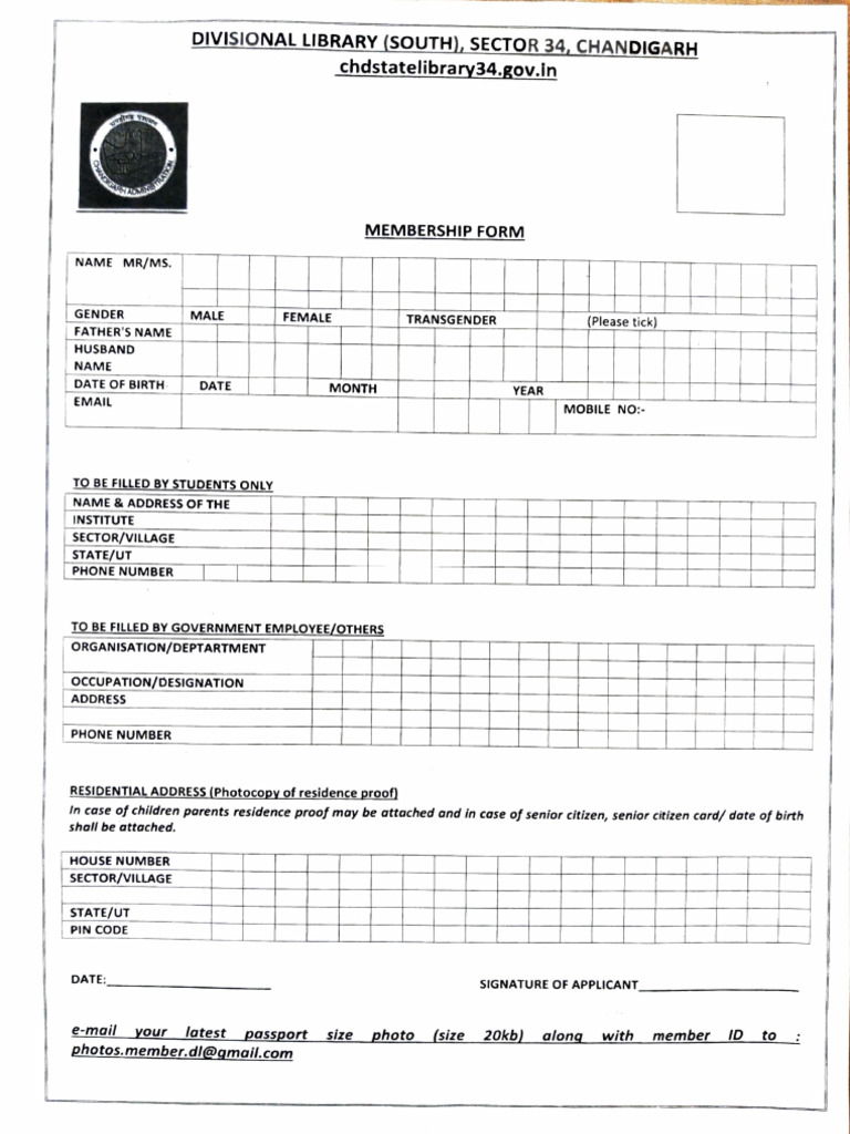 Sector 34 Library Membership Form | PDF | Government And Personhood
