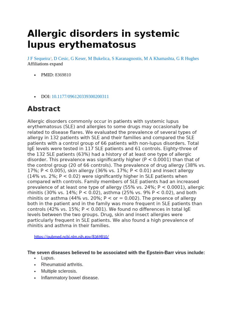 Allergic Disorders in Systemic Lupus Erythematosus | PDF