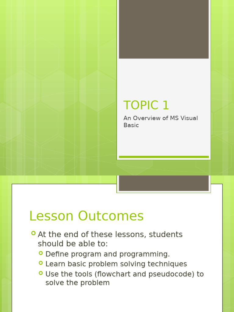 TOPIC 1 - An Overview of MS Visual Basic | PDF | Computer Programming | Algorithms