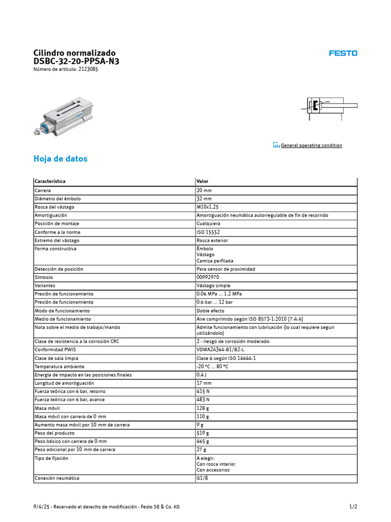 Cilindro DSBC-32-20-PPSA-N3 Festo | PDF | Pistón | Tornillo