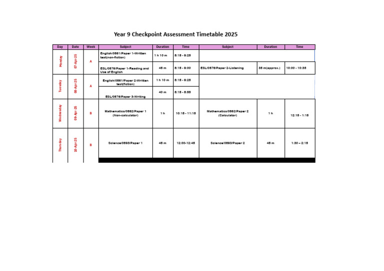 Year 9 Cambridge Checkpoint Timetable 2025 | PDF