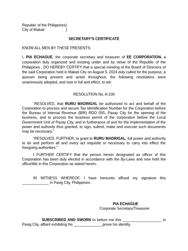 Makati Corporate Secretary's Certificate | PDF