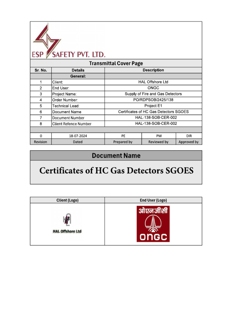 HAL-138 SOB CER-002 - Certificates of HC Gas Detector - R0 | PDF