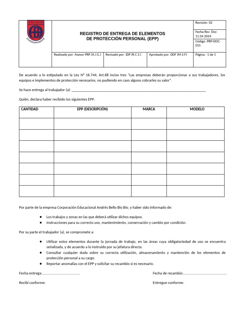 Entrega EPP PRP-DOC-015 | PDF