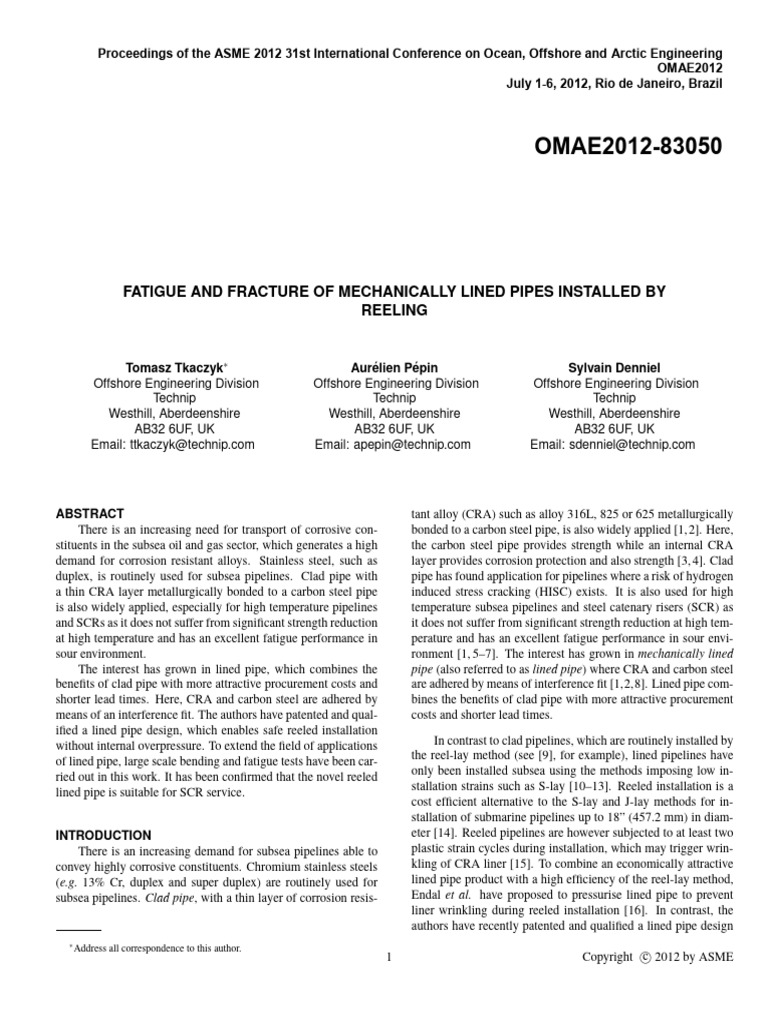 Fatigue and Fracture of Mechanically Lined Pipes Installed By | PDF ...