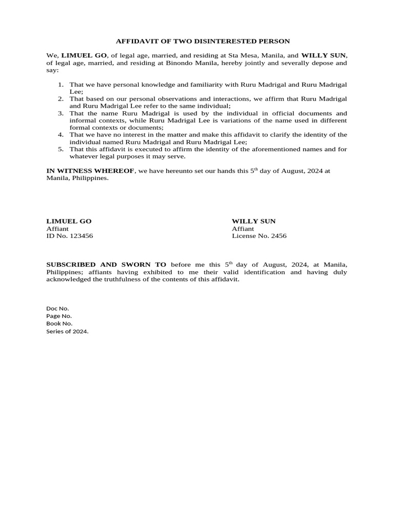 Affidavit Confirming Identity of Ruru Madrigal | PDF