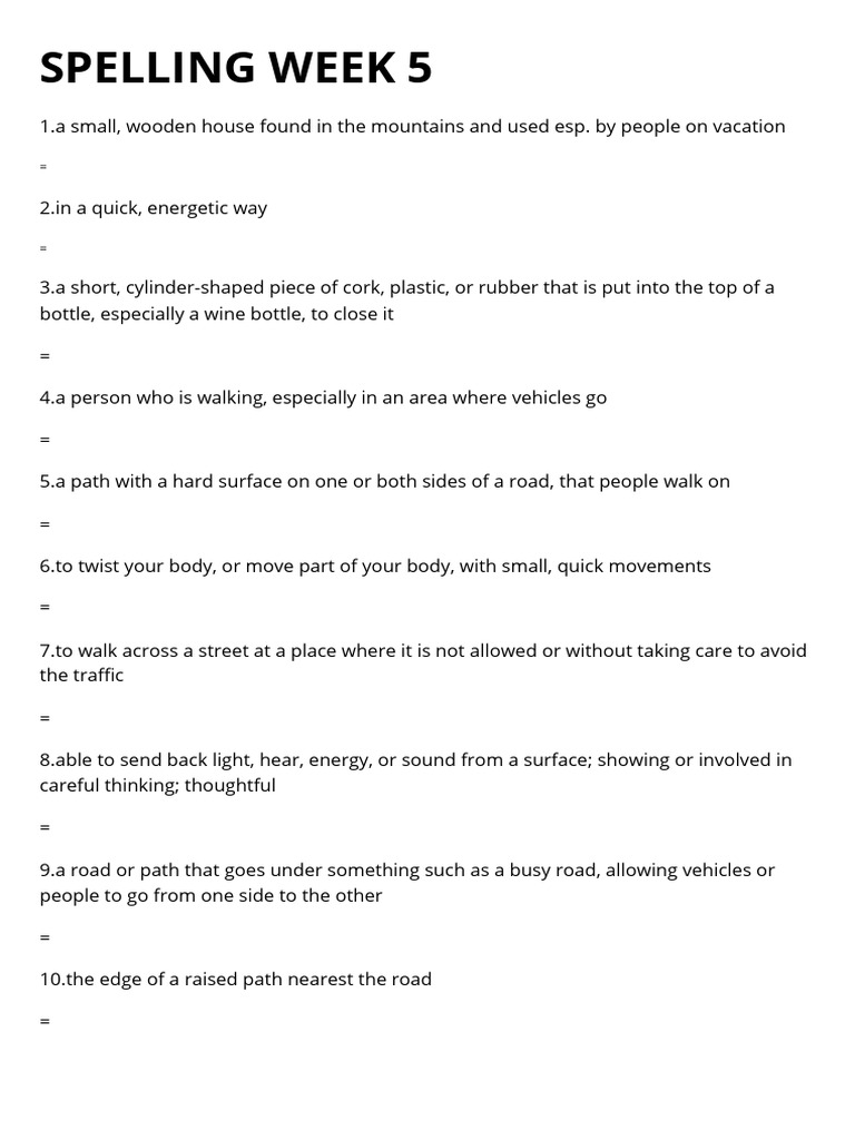 Spelling Week 5 Vocabulary List | PDF
