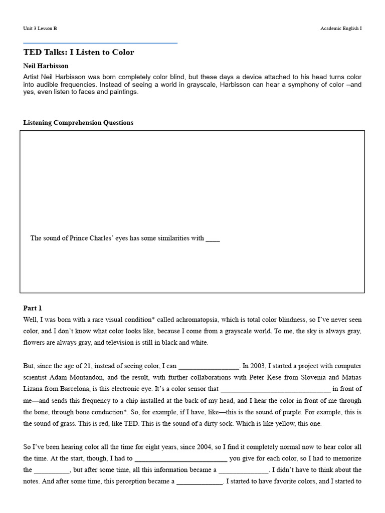 3B - I Listen To Color - Transcript - Blank | PDF | Ear | Color