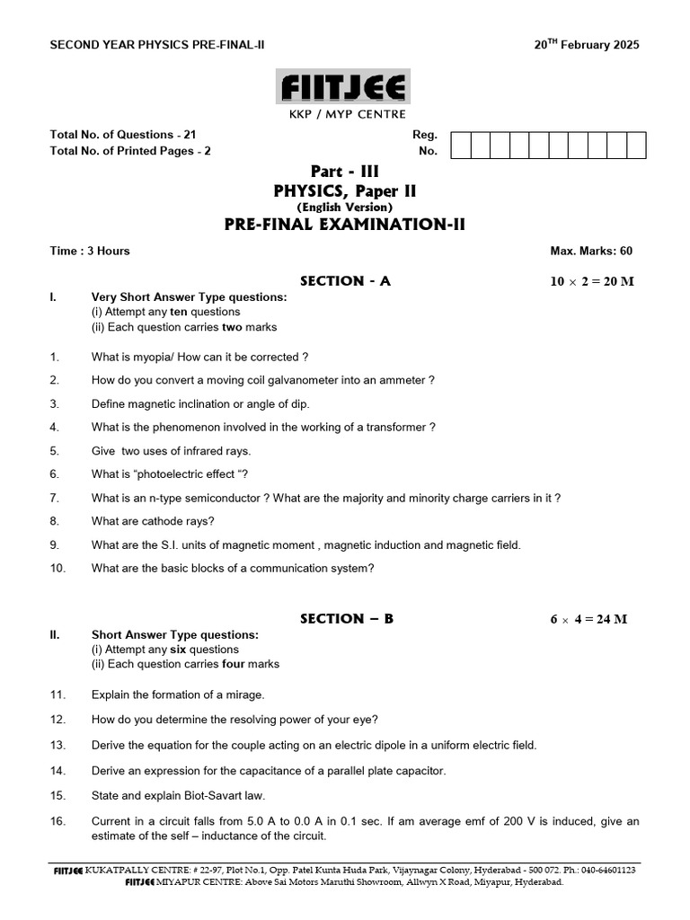 Second Yr Physics Pf-Ii Exdt-20-02-2025 | PDF | Rectifier | Electrical ...