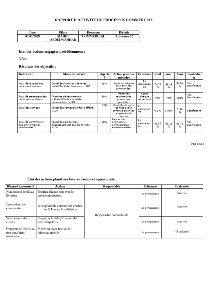 Rapport d'Activité Commerciale Trimestriel | PDF