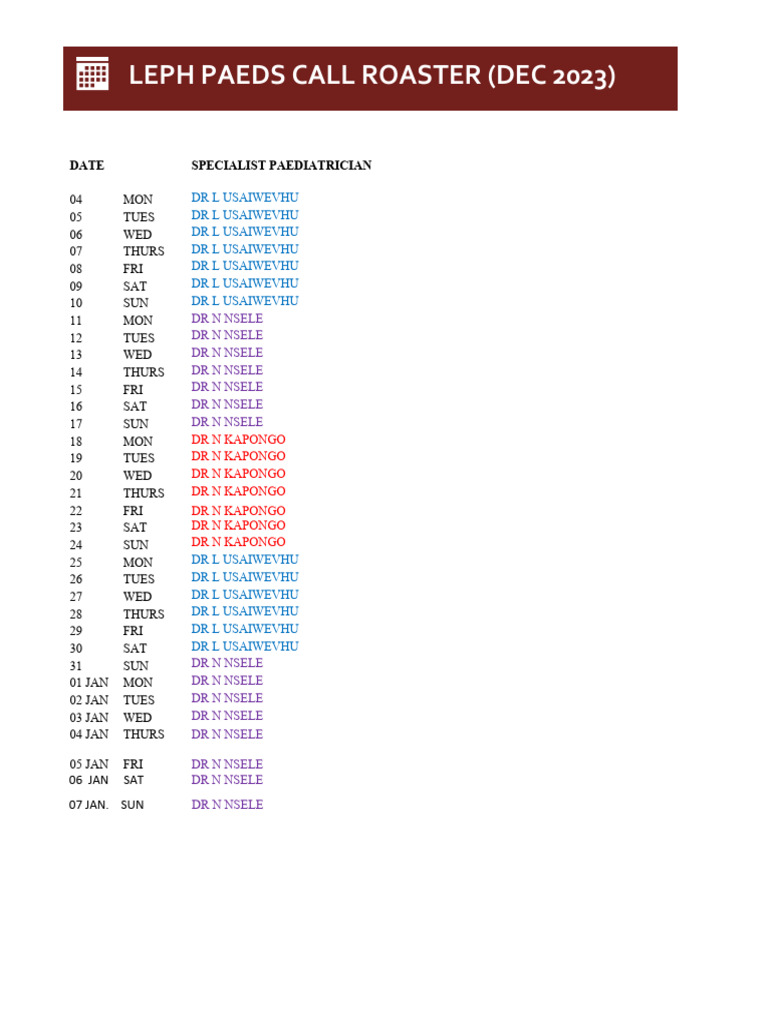 Doctors Roster Template | PDF