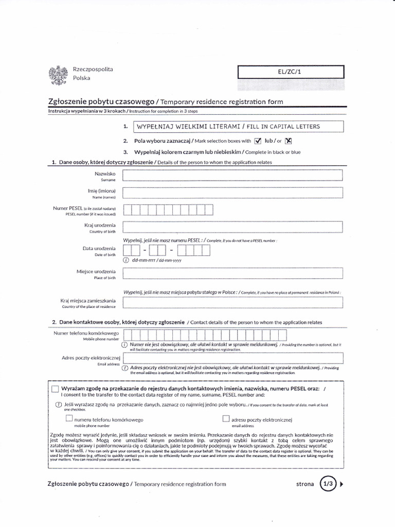 Formularz Zgłoszenia Pobytu Czasowego | PDF