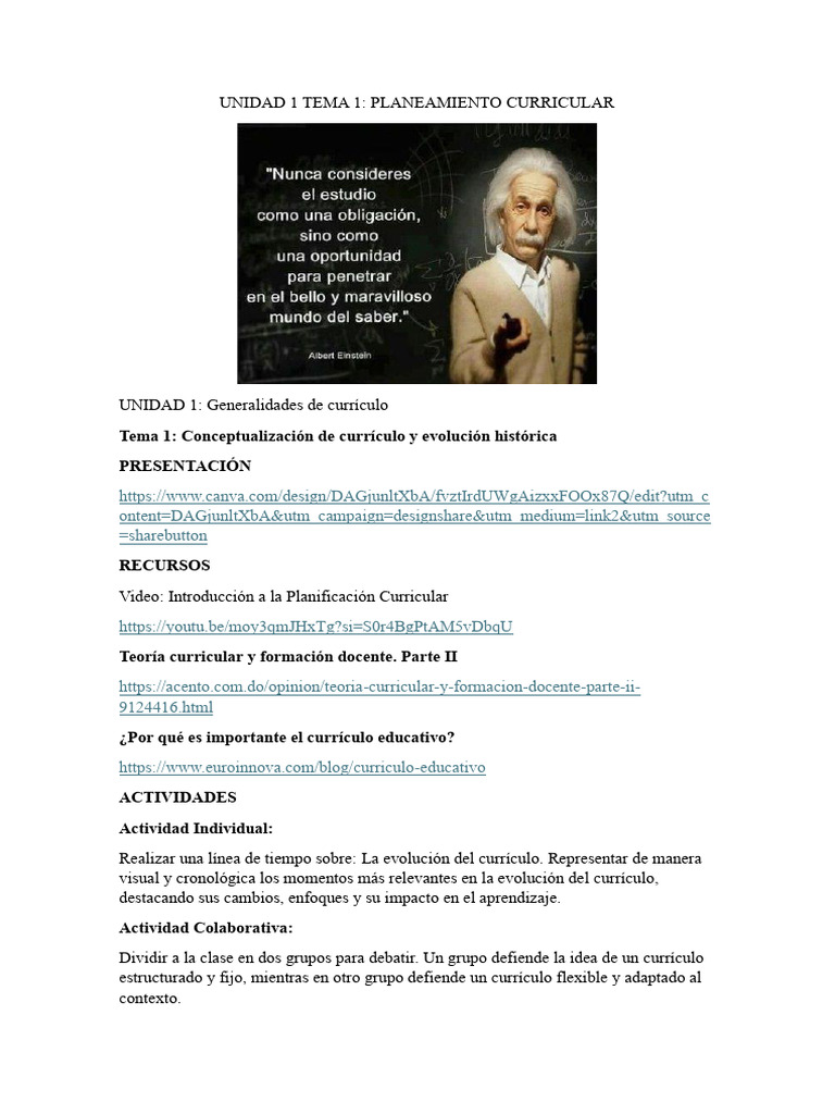 Unidad 1 Tema 1 Planeamiento Curricular | PDF