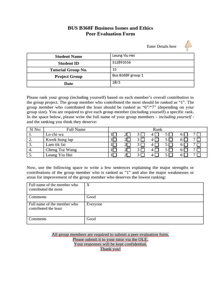 Peer Evaluation Form BUS B368F | PDF