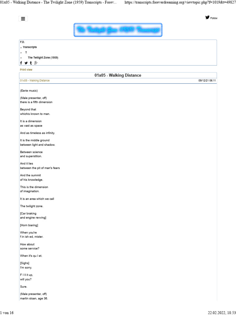Walking Distance - The Twilight Zone (1959) Transcript | PDF