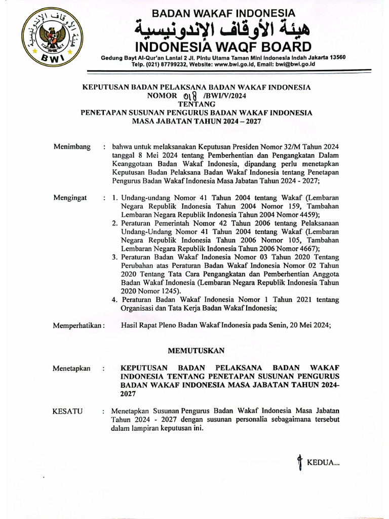 SK Penetapan Pengurus Bwi 2024 2027 | PDF