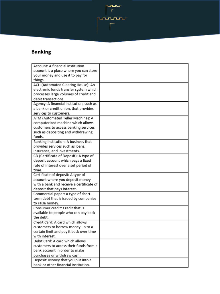 Banking Glossary Exercise | PDF | Banks | Interest
