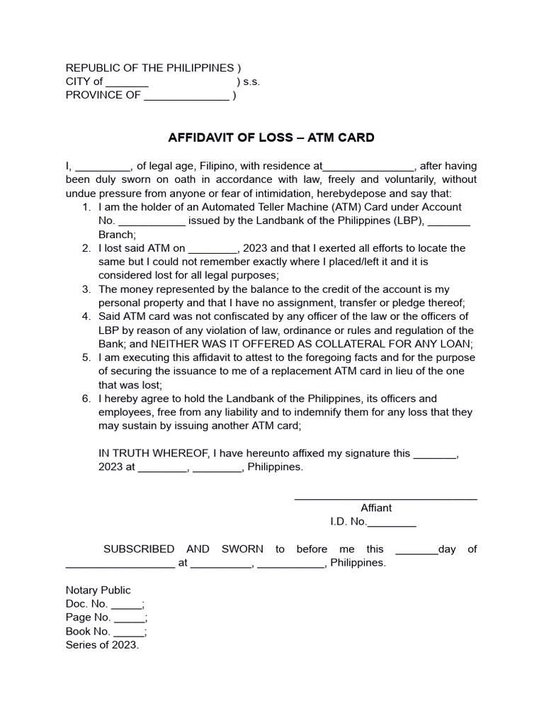 Affidavit of Loss ATM Landbank | PDF