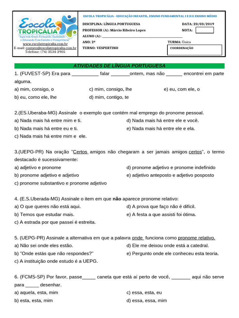 atividades_de_lp_2_ano_em | PDF | Pronome | Linguística