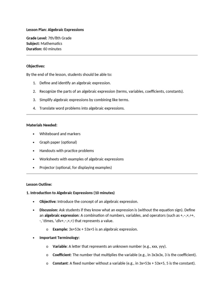 Grade 7 Algebraic Expressions Lesson Plan | PDF | Variable (Mathematics ...