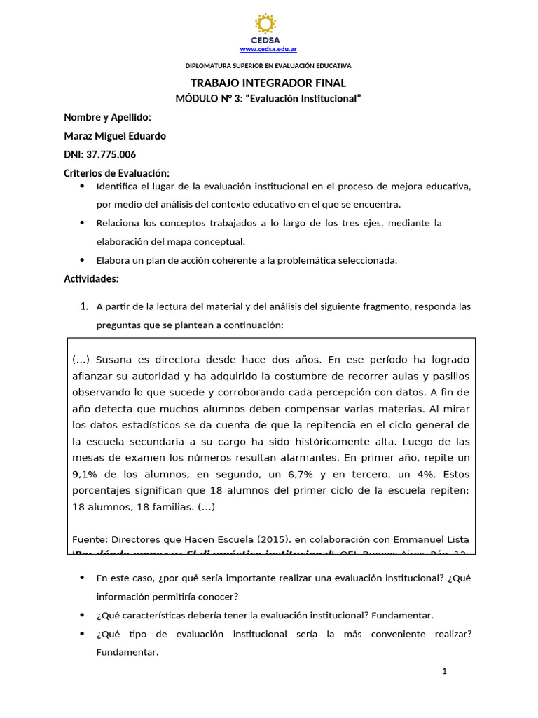 Trabajo Integrador Final 3 Evaluación | PDF | Evaluación | Enseñando