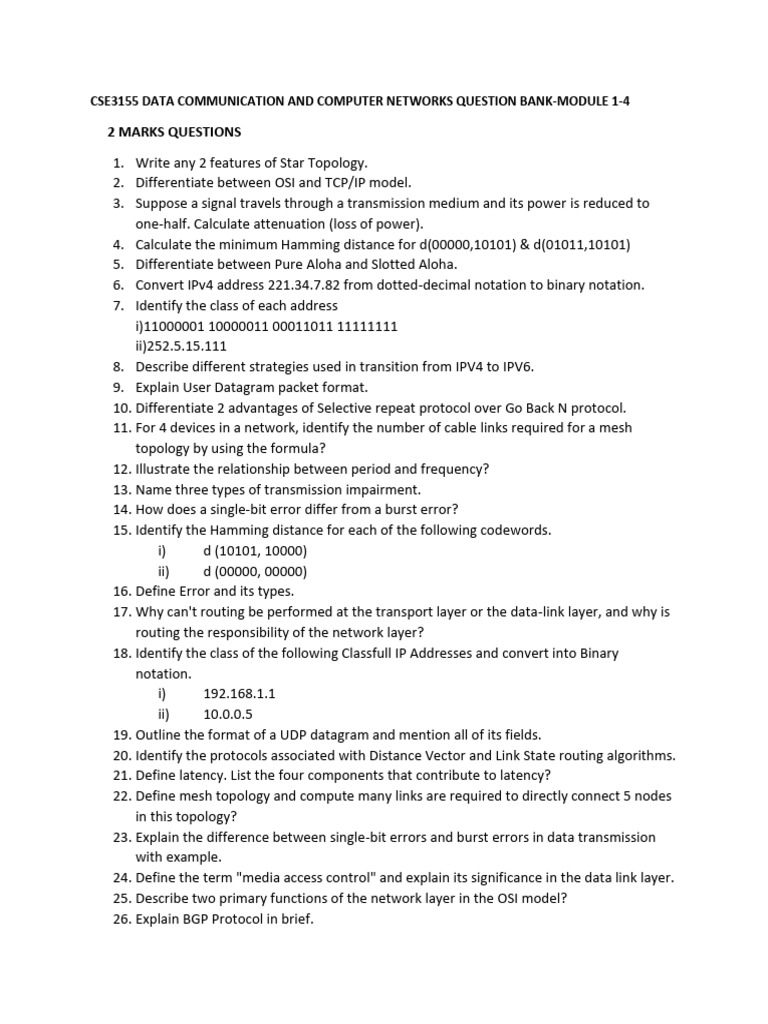 Cse3155 DCCN Question Bank All Modules | PDF | Computer Network | Osi Model