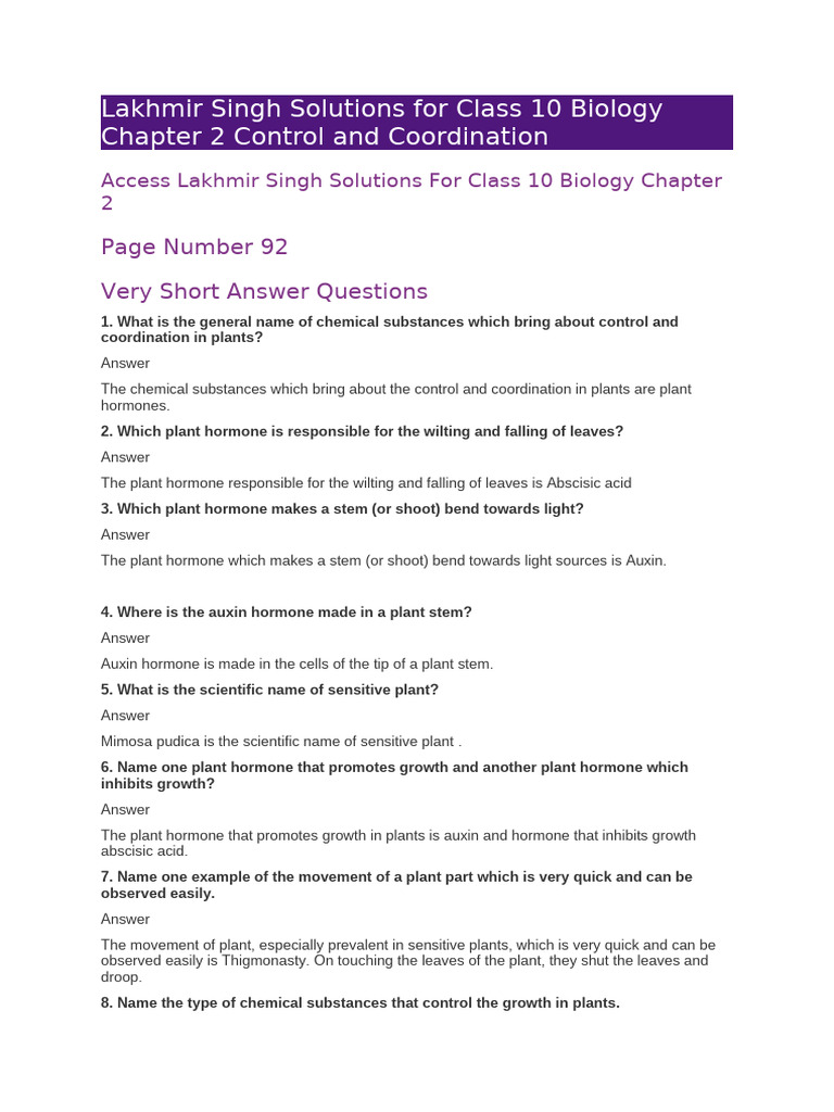 Chapter 2 Control and Coordination | PDF | Endocrine System | Nervous ...