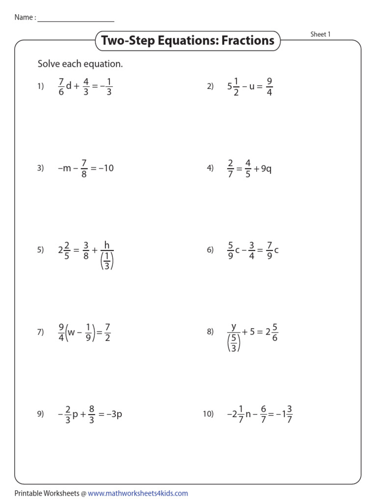 Two-Step Fraction Equations Worksheet | PDF