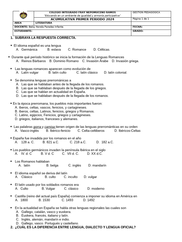 Evaluación de Literatura para 1er Grado 2024 | PDF | latín | Lengua ...
