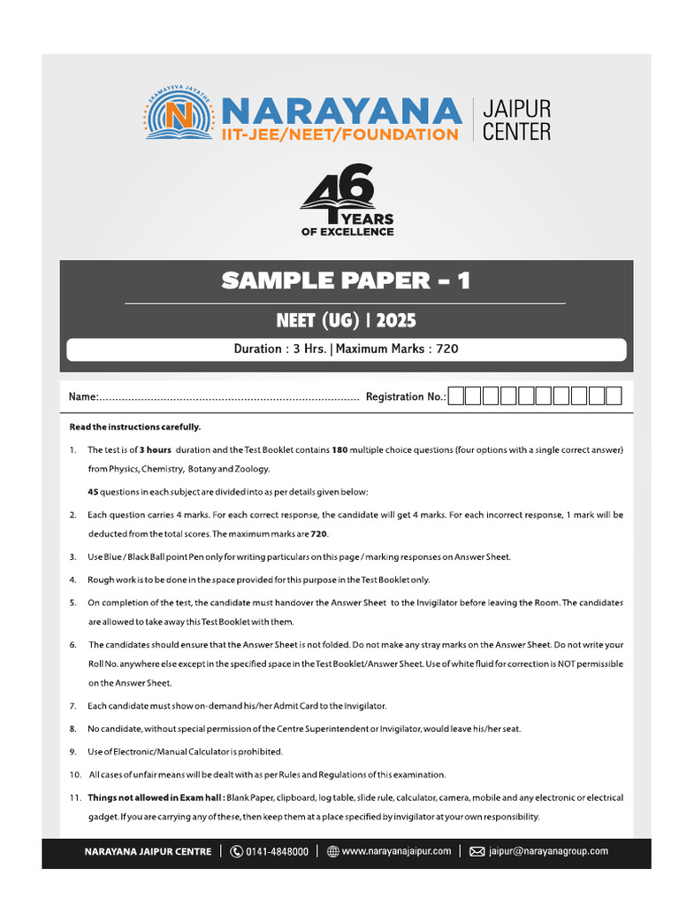 Narayana Sample Paper 1 | PDF | Physical Quantities | Chemistry