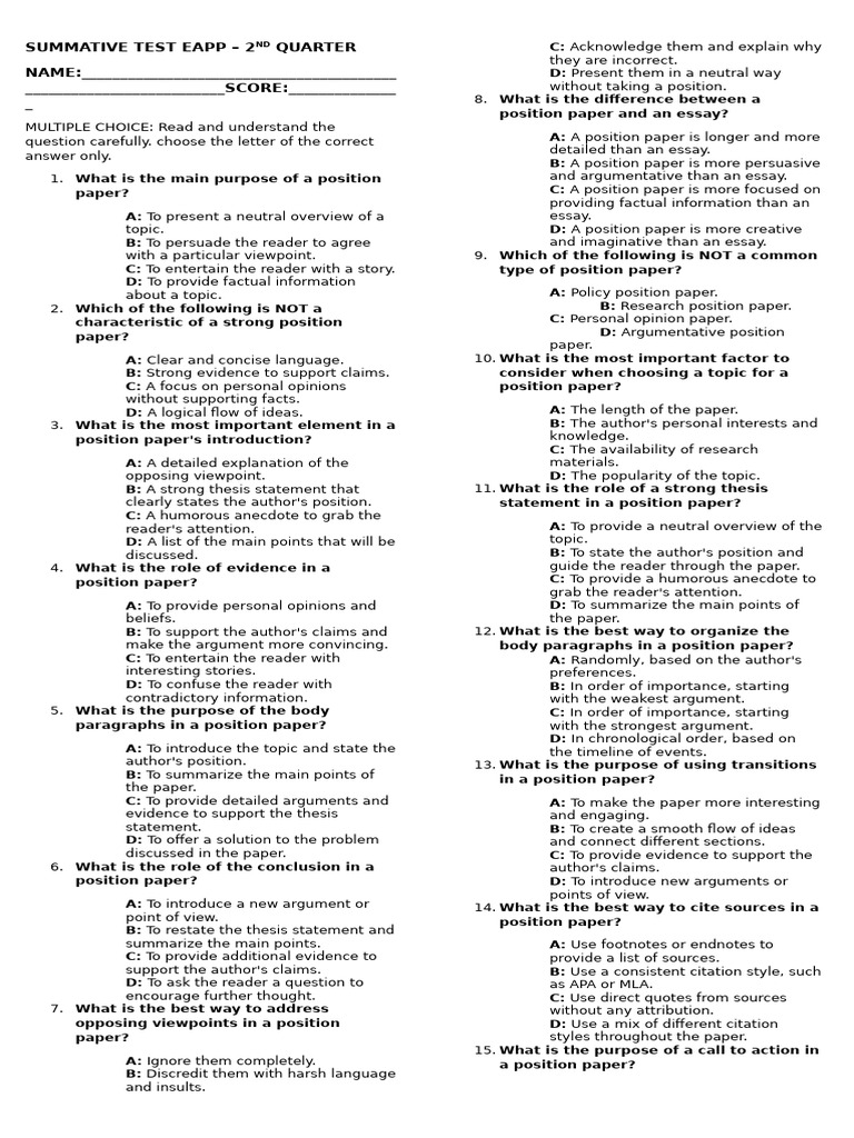 EAPP 2nd Quarter Position Paper Test | PDF | Citation | Essays