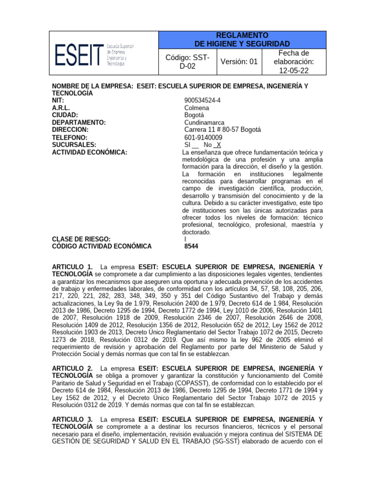 SST-D-02 REGLAMENTO DE HIGIENE Y SEGURIDAD | PDF
