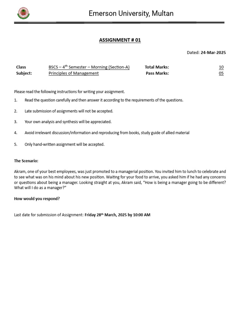 EUM BSCS-4th-M Section-A Question Paper - Assignment-01 - Principles of Management | PDF