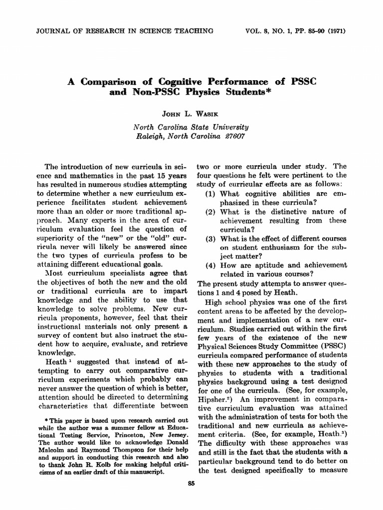 A Comparison of Cognitive Performance of PSSC | PDF | Curriculum | Sat