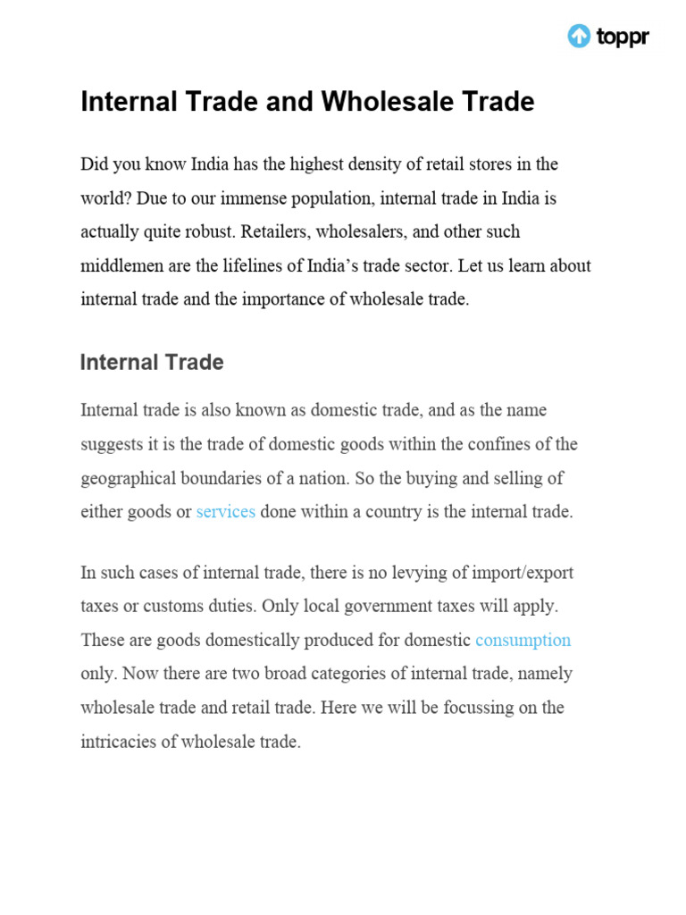Internal Trade Class 11 Notes | PDF | Retail | Supermarket