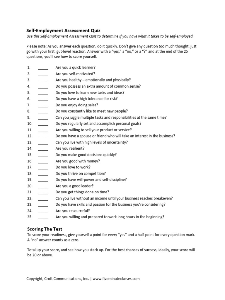 Self Employment Assessment Quiz PDF | PDF