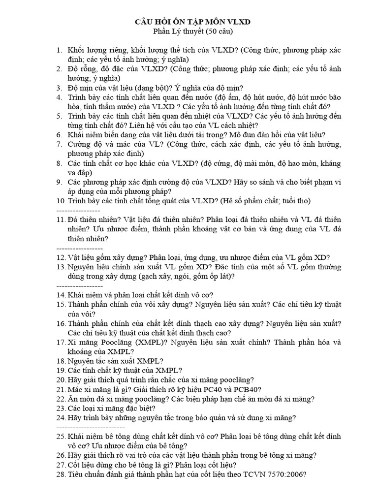 Cau Hoi On Tap VLXD - 2022 | PDF