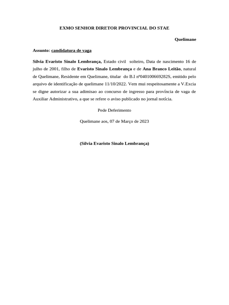 Exmo Senhor Diretor Provincial Do Stae | PDF