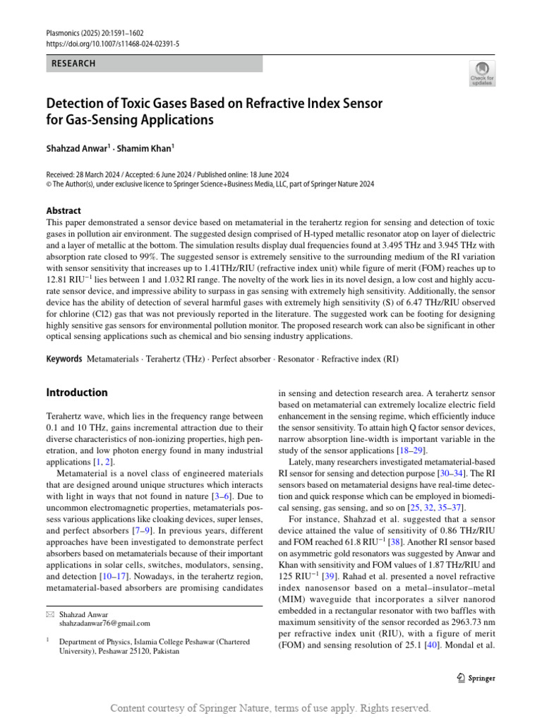 Toxic Gas Detection Using Refractive Index Sensor | PDF | Metamaterial | Terahertz Radiation