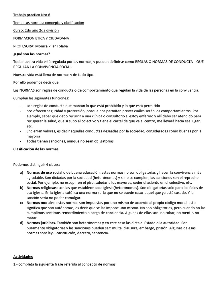 Trab Pract Nro 6 2do 2da B 21 NORMAS | PDF | Moralidad | Comportamiento