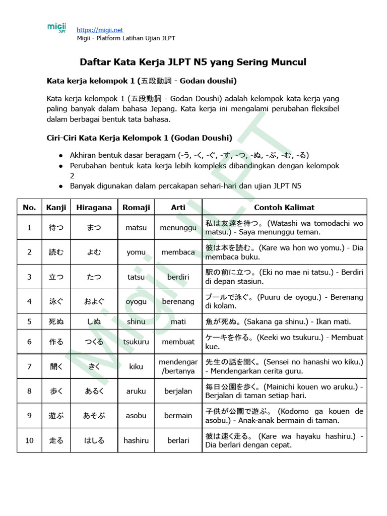 Kata kerja (動詞 - Doushi) - Kosakata JLPT N5 - 2 | PDF