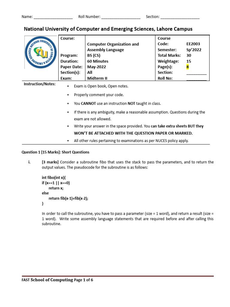 2022 - Midterm 2 Solution - Spring - COAL | PDF | Parameter (Computer ...